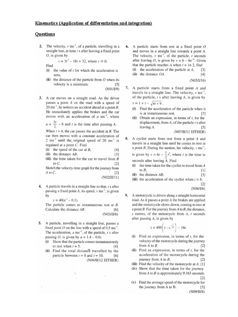 Kinematics (Application of Differentiation and Integration) Questions | PDF