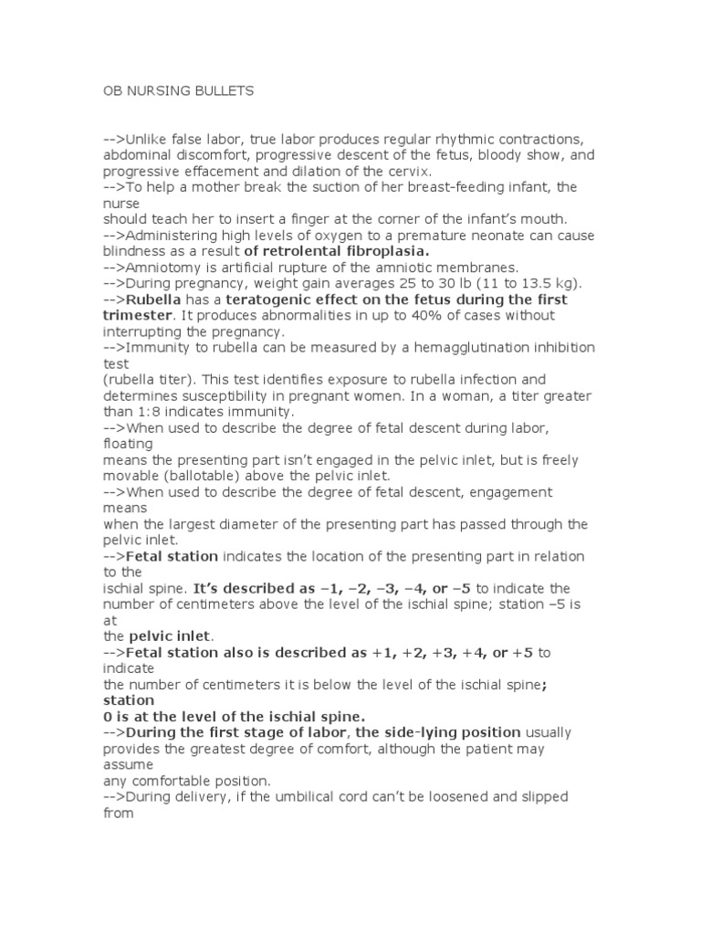Ob Nursing Bullets | PDF | Childbirth | Fetus
