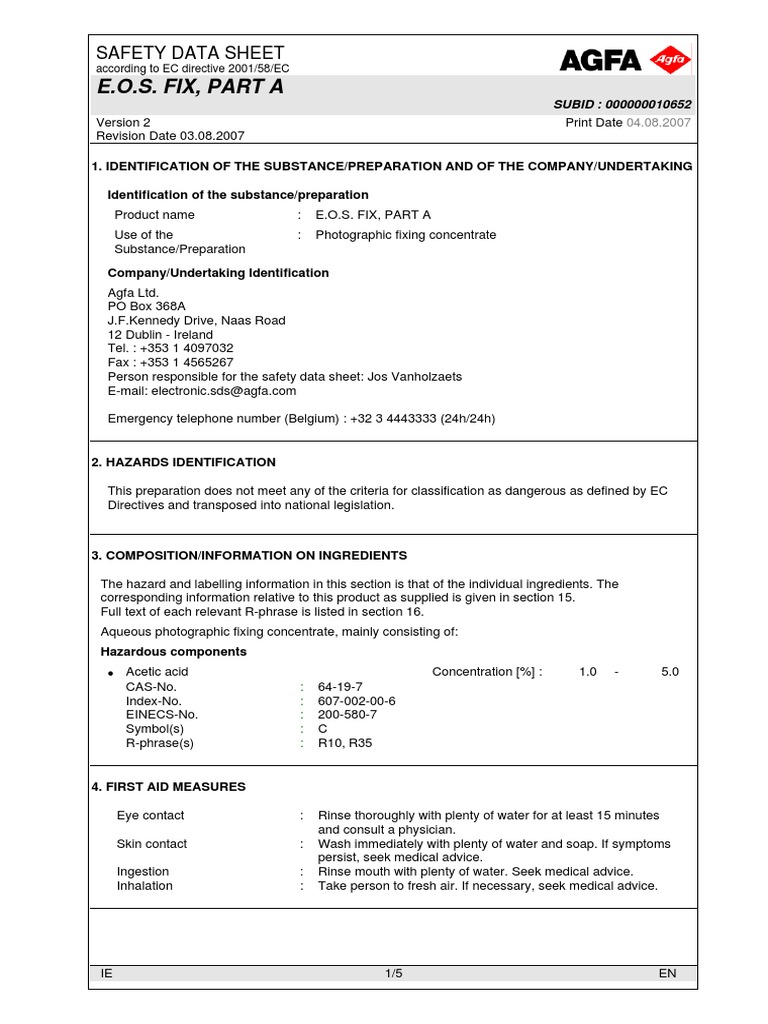 Safety Data Sheet for E.O.S. FIX, PART A Photographic Fixing ...