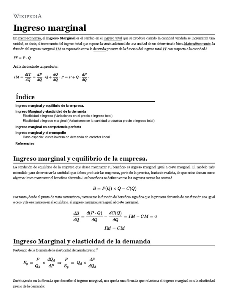 Ingreso Marginal - Wikipedia, La Enciclopedia Libre | PDF | Elasticidad ...