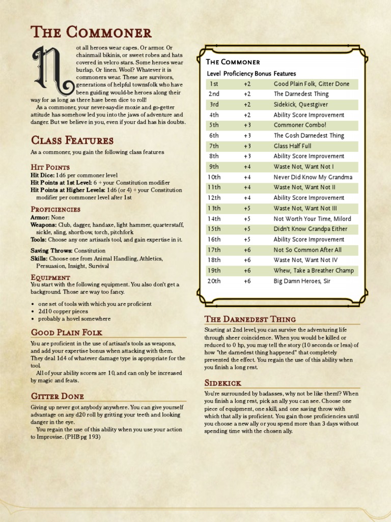 The Commoner Class For 5e | PDF | Dungeons & Dragons | Tsr (Company) Games