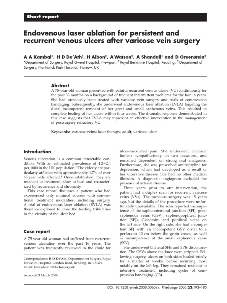 Endovenous Laser Ablation For Persistent and Recurrent Venous Ulcers After Varicose Vein Surgery ...