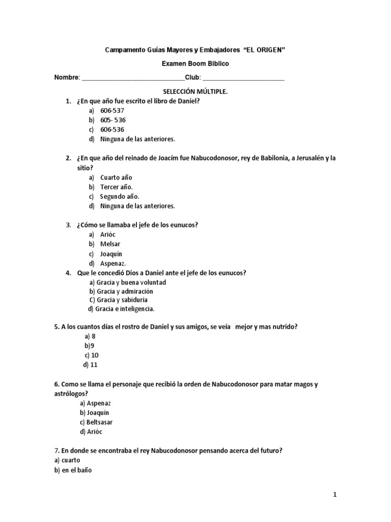 Examen Daniel | PDF | Daniel (figura bíblica) | Nabucodonosor Ii