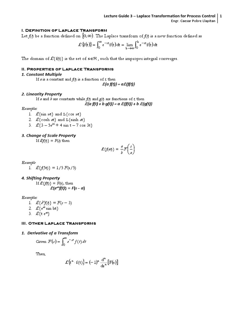 Lecture Guide 3 - Laplace Transformation For Process Control | PDF ...
