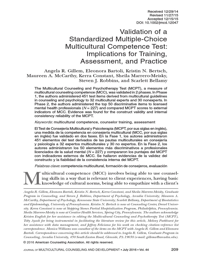 Validation of A Standardized Multiple-Choice Multicultural Competence ...
