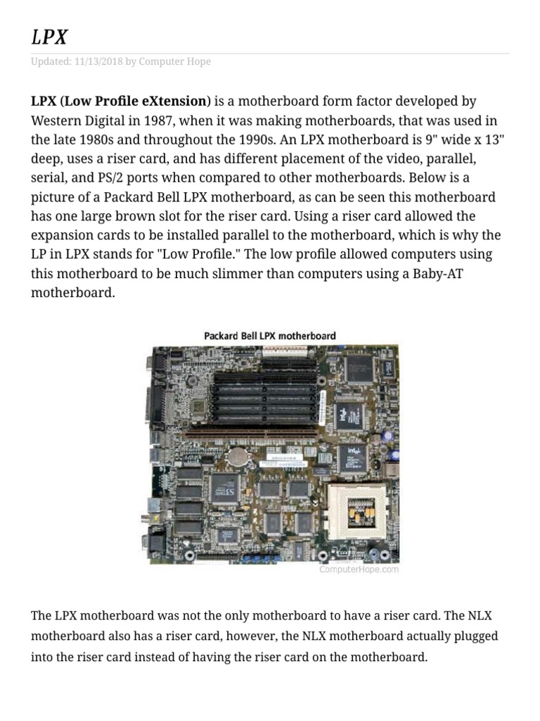 LPX (Low Profile Extension) Is A Motherboard Form Factor Developed by | PDF