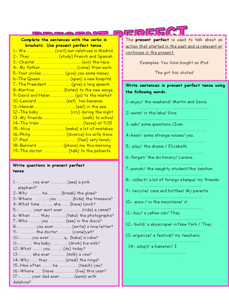 Present Perfect Tense Exercises | PDF | Perfect (Grammar) | Grammatical ...