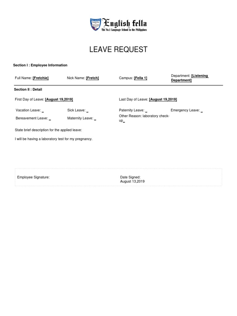 Leave Request: Section I: Employee Information | PDF