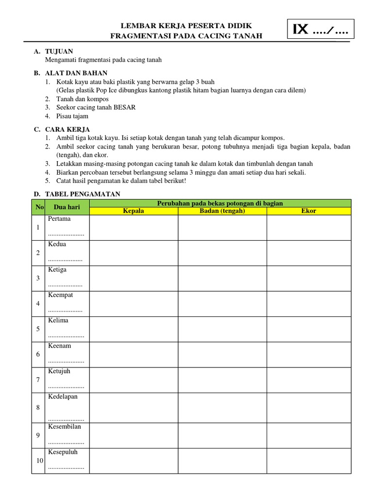 Observasi Fragmentasi Cacing Tanah | PDF