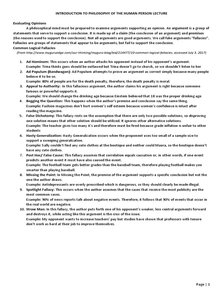INTRO TO PHILOSOPHY OF THE HUMAN PERSON | PDF | Argument | Fallacy