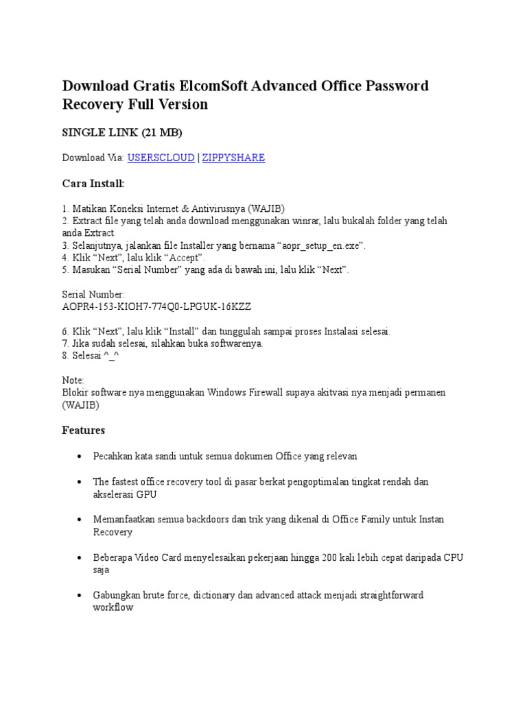 Gratis ElcomSoft Advanced Office Password Recovery Full Version | PDF