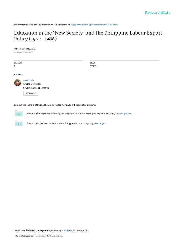 Education in The New Society' and The Philippine Labour Export Policy ...