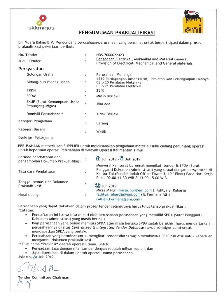 Pengadaan Electrikal, Mekanikal, Dan Material General Eni Muara Bakau B ...