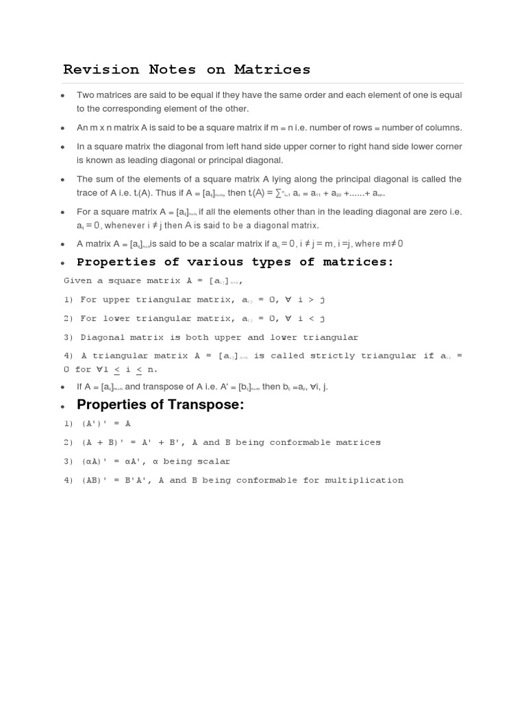 Revision Notes On Matrices: Properties of Various Types of Matrices ...