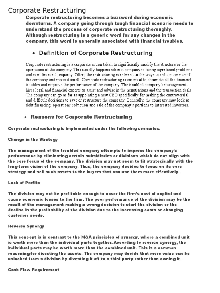 Definition of Corporate Restructuring | PDF | Stocks | Mergers And ...