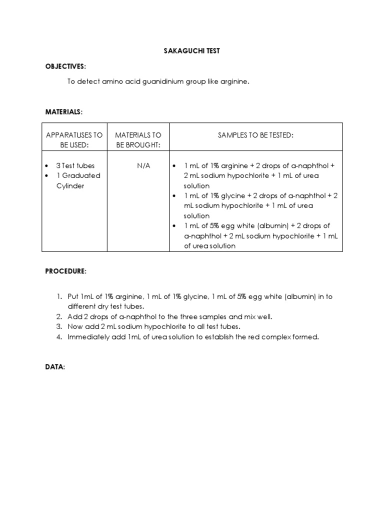 Biochem Experiment (Sakaguchi Test) | PDF