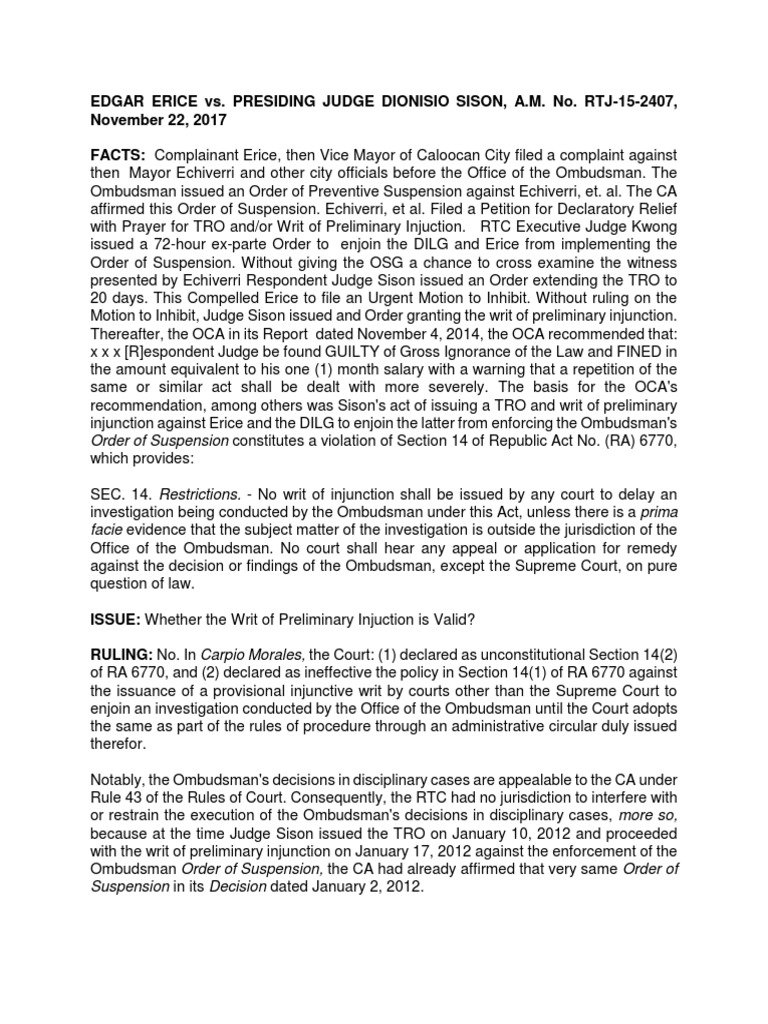 Erice vs. Sison - Digest | PDF | Injunction | Judgment (Law)