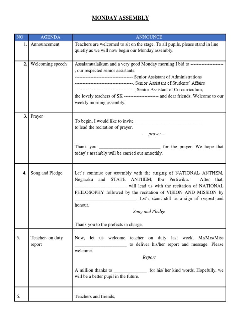 Monday Assembly: 2. Welcoming Speech | PDF