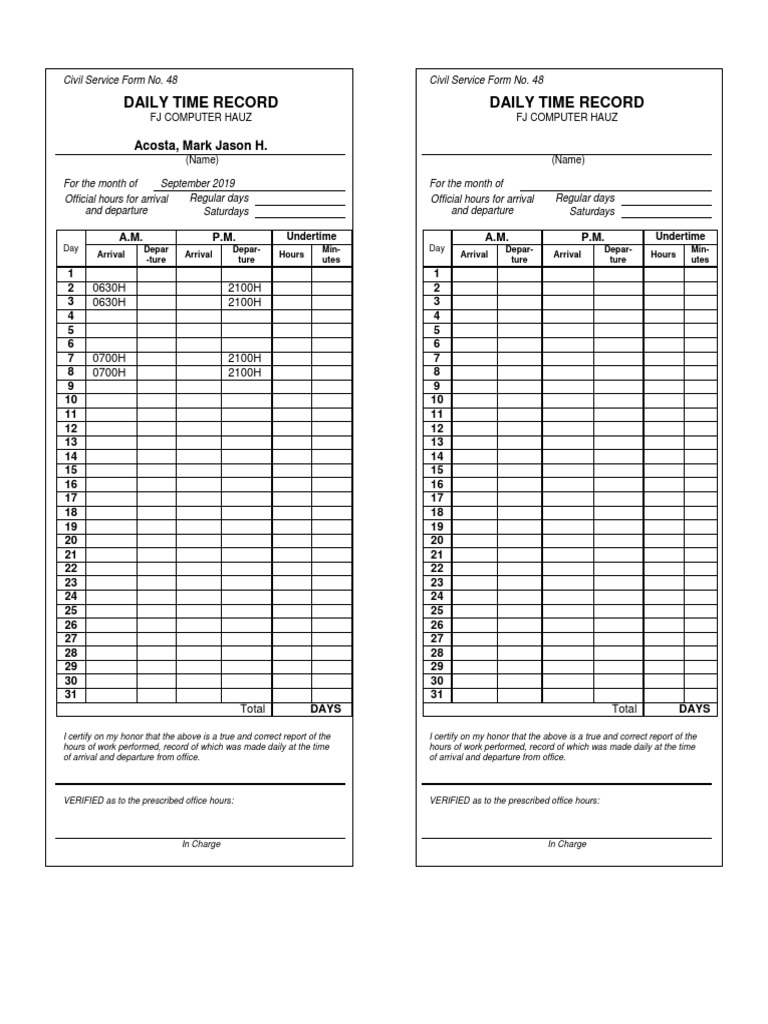 Daily Time Record Daily Time Record: Acosta, Mark Jason H | PDF ...