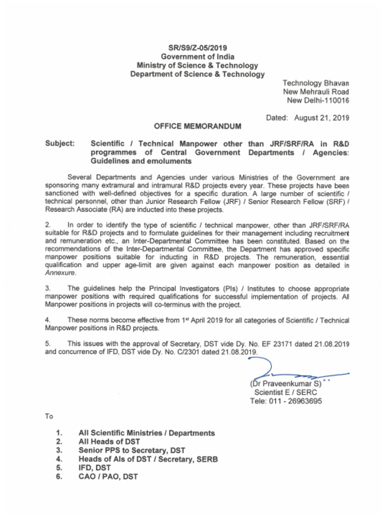 OM-Scientific - Technical Manpower-Guidelines and Emoluments | PDF