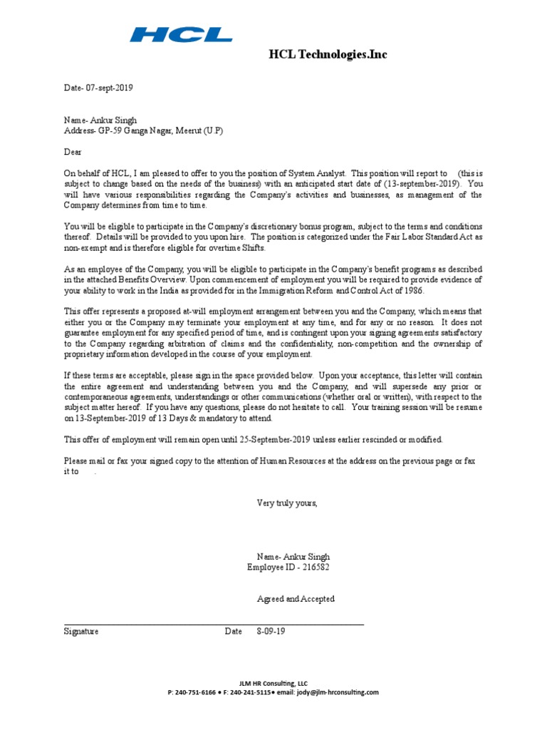 HCL Offer Letter Salaried 1 | PDF | Human Resources | Employment