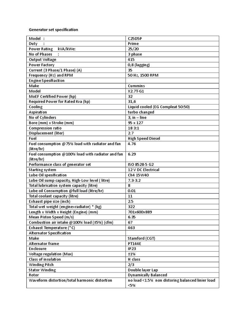 Generator Set Specification | PDF | Engines | Diesel Engine