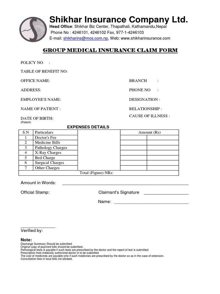 Shikhar Insurance Company LTD.: Group Medical Insurance Claim Form | PDF