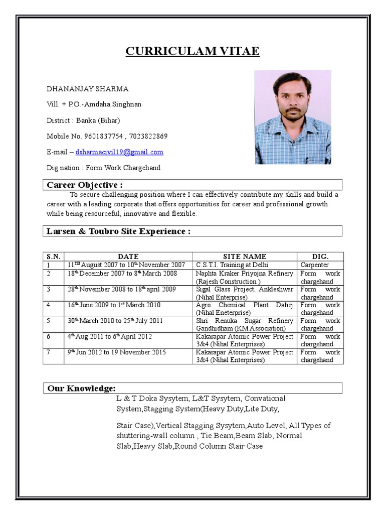 CV Formwork Chargehand Dhananjay Sharma | PDF | Business