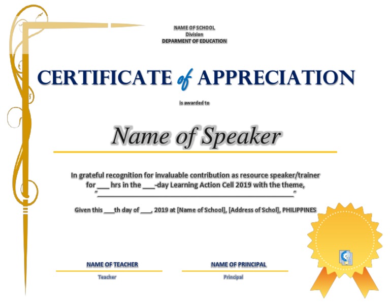 Example of certificate of appreciation for guest speaker