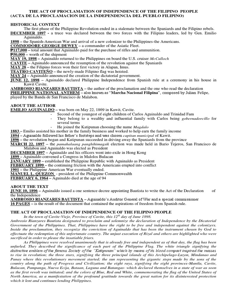 The Act of Proclamation of Philippine Independence: Aguinaldo Declares ...