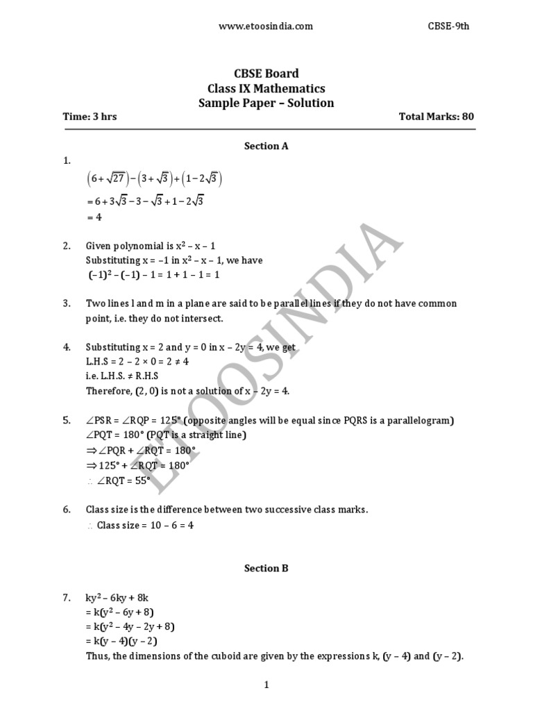 Etoosindia: CBSE Board Class IX Mathematics Sample Paper - Solution ...