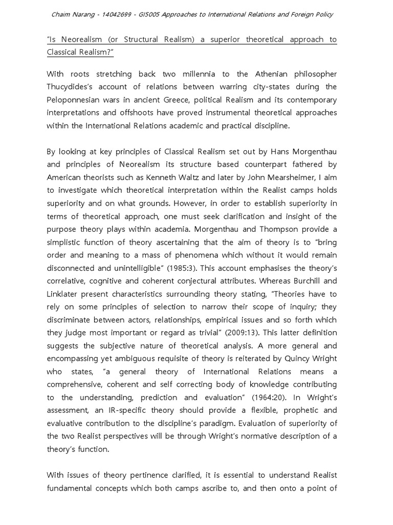 Is Neorealism (Or Structural Realism) A Superior Theoretical Approach ...