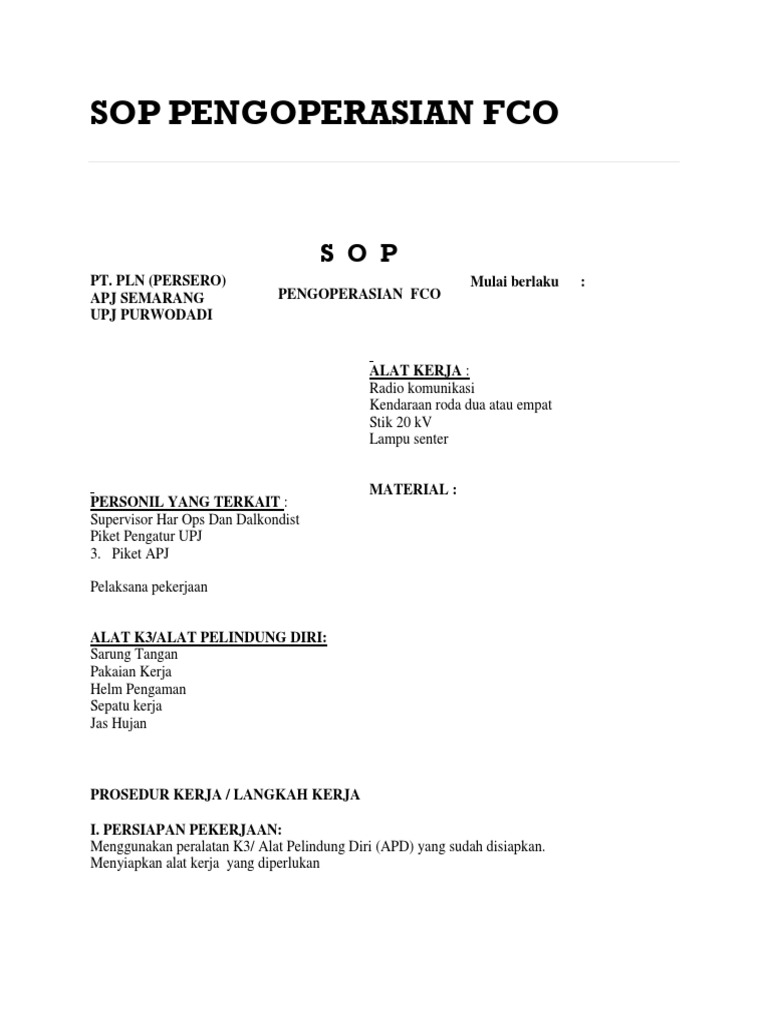 Sop Pengoperasian Fco: Pt. PLN (Persero) Apj Semarang Upj Purwodadi ...
