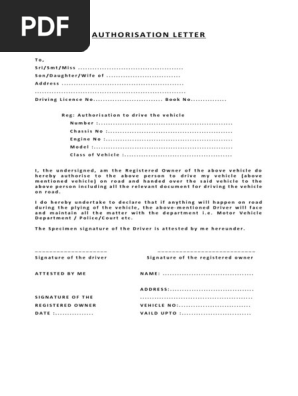 Sample Letter Of Authorization To Drive Vehicle