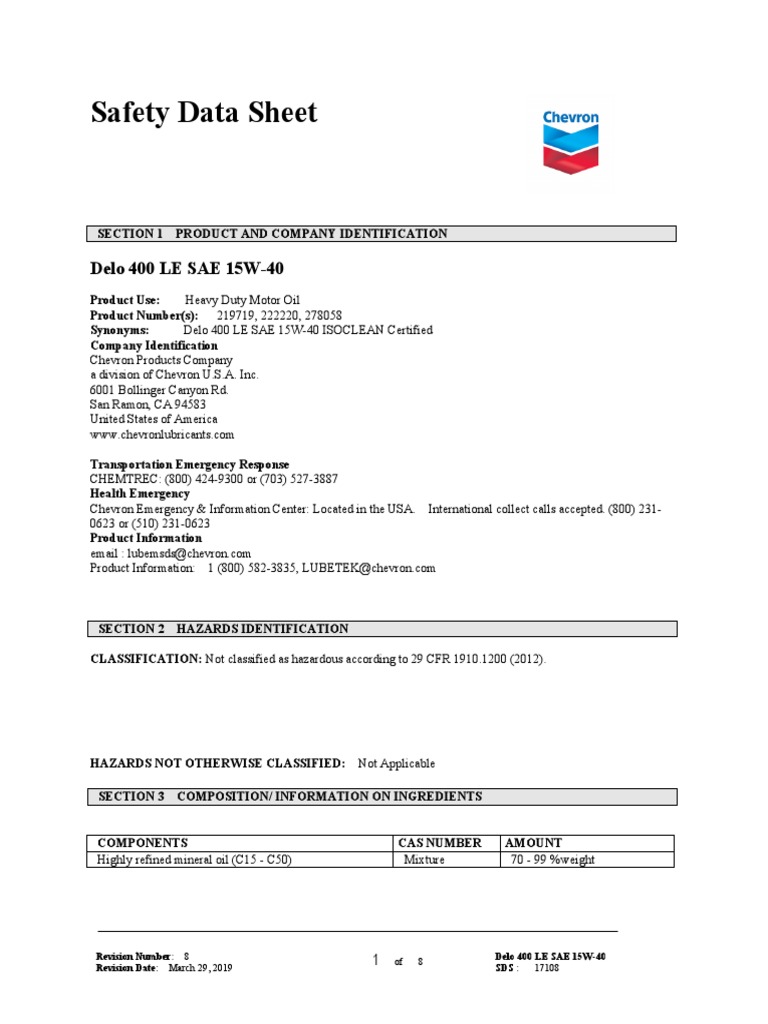Safety Data Sheet: Delo 400 LE SAE 15W-40 | PDF | Personal Protective ...