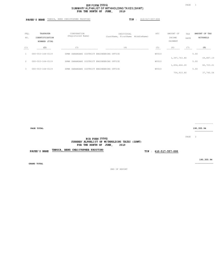 Bir Form 2550Q Summary Alphalist of Withholding Taxes (Sawt) | PDF ...