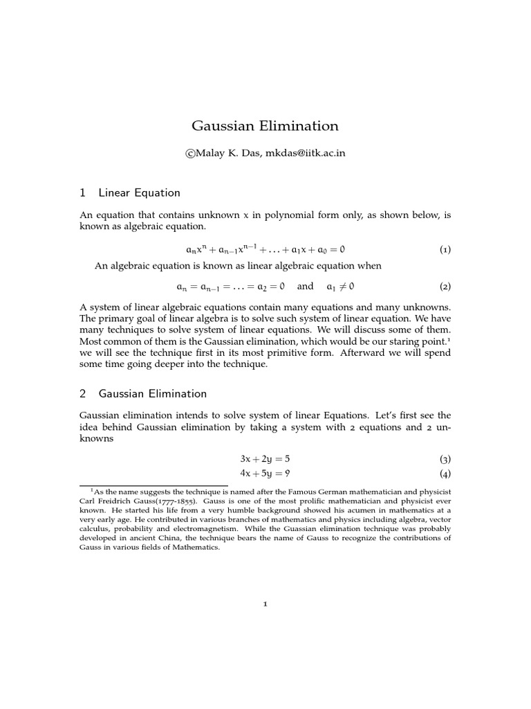 Gaussian Elimination for Linear Equations | PDF | System Of Linear ...