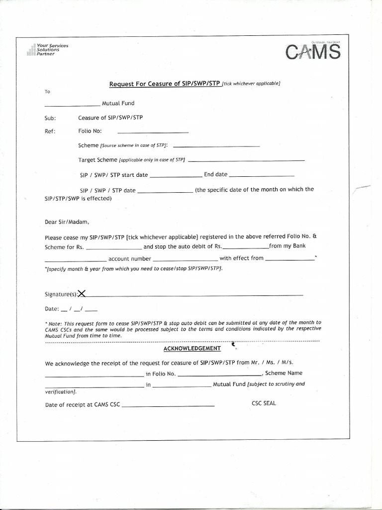 SIP & STP Stop Request Letter CAMS | PDF
