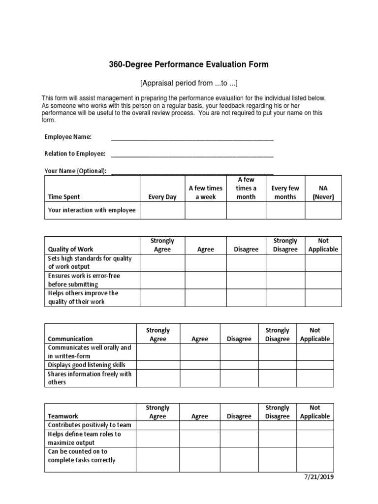 360-Degree Performance Evaluation Form: (Appraisal Period From ... To ...