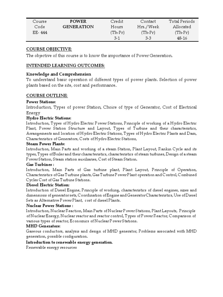 Power Generation Course Outline | PDF | Power Station | Electricity ...