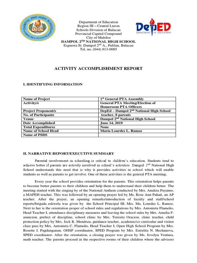 Increasing Parental Involvement and Accountability: A Report on the 1st General PTA Assembly and ...