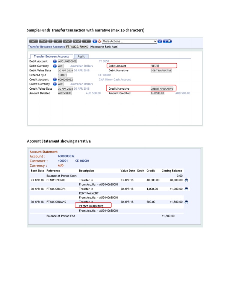 Sample Funds Transfer Transaction With Narrative | PDF
