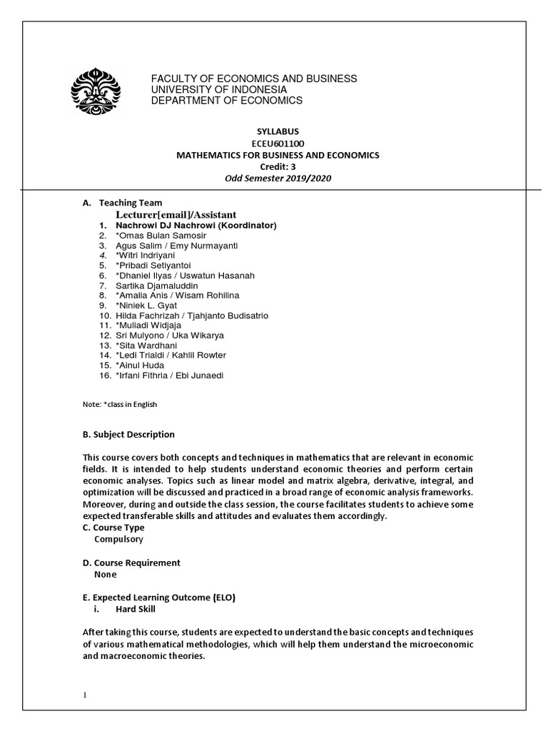 Silabus Matekbis UI | PDF | Matrix (Mathematics) | Linear Algebra