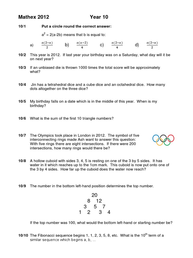 Mathex Year 10 2012 | PDF | Area | Dice