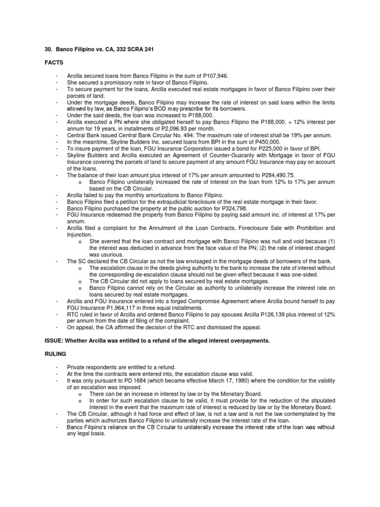 Banco Filipino vs. CA | PDF | Loans | Mortgage Loan