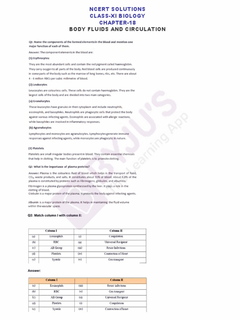 Ncert Solutions Class 11 Biology Chapter 18 Body Fluids and Circulation ...