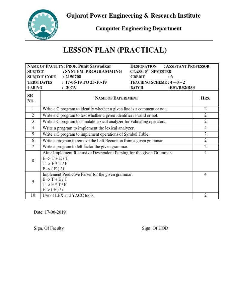 Lesson Plan (Practical) : Gujarat Power Engineering & Research ...