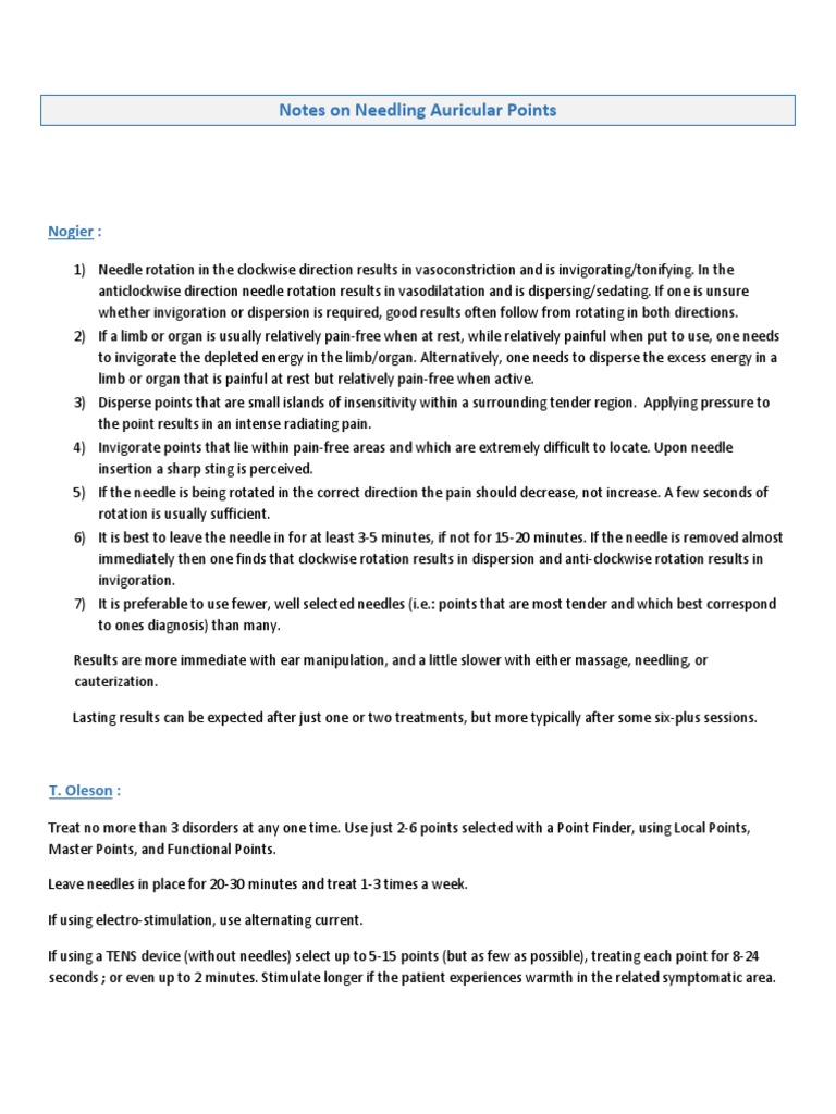 Auricular Acupuncture Needling Techniques | PDF | Pain | Clinical Medicine