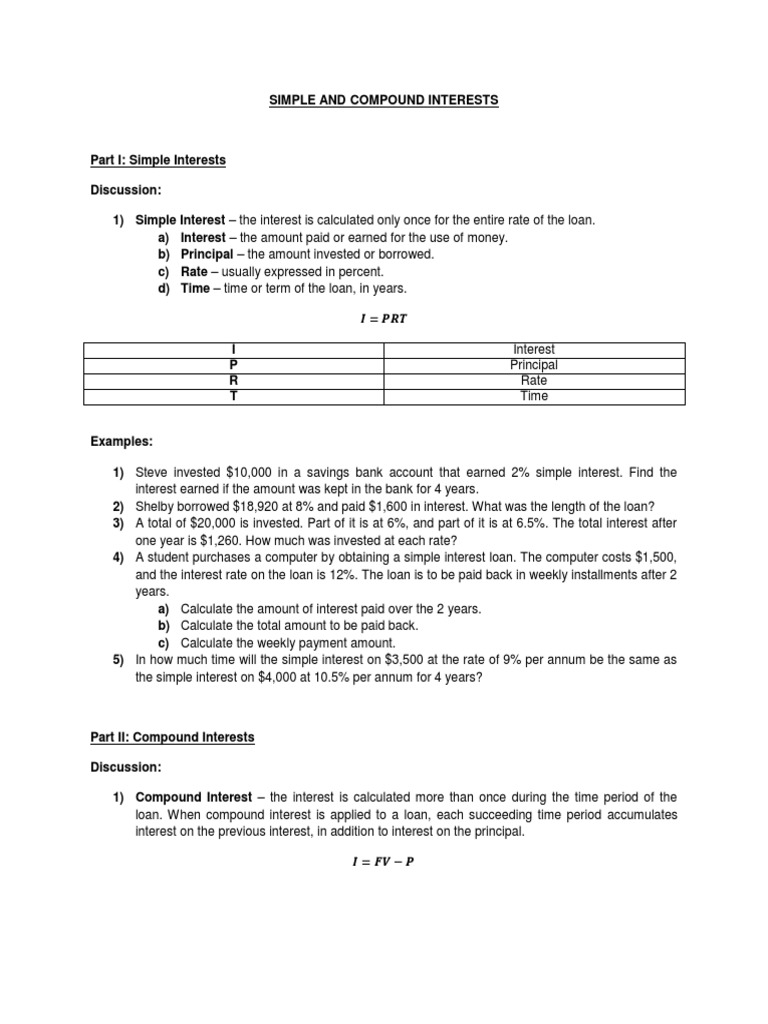 Simple and Compound Interests Handouts | PDF | Compound Interest ...
