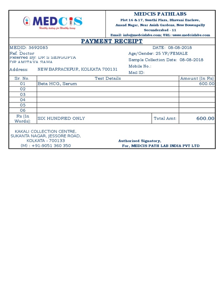 Payment Receipt: Medcis Pathlabs | PDF